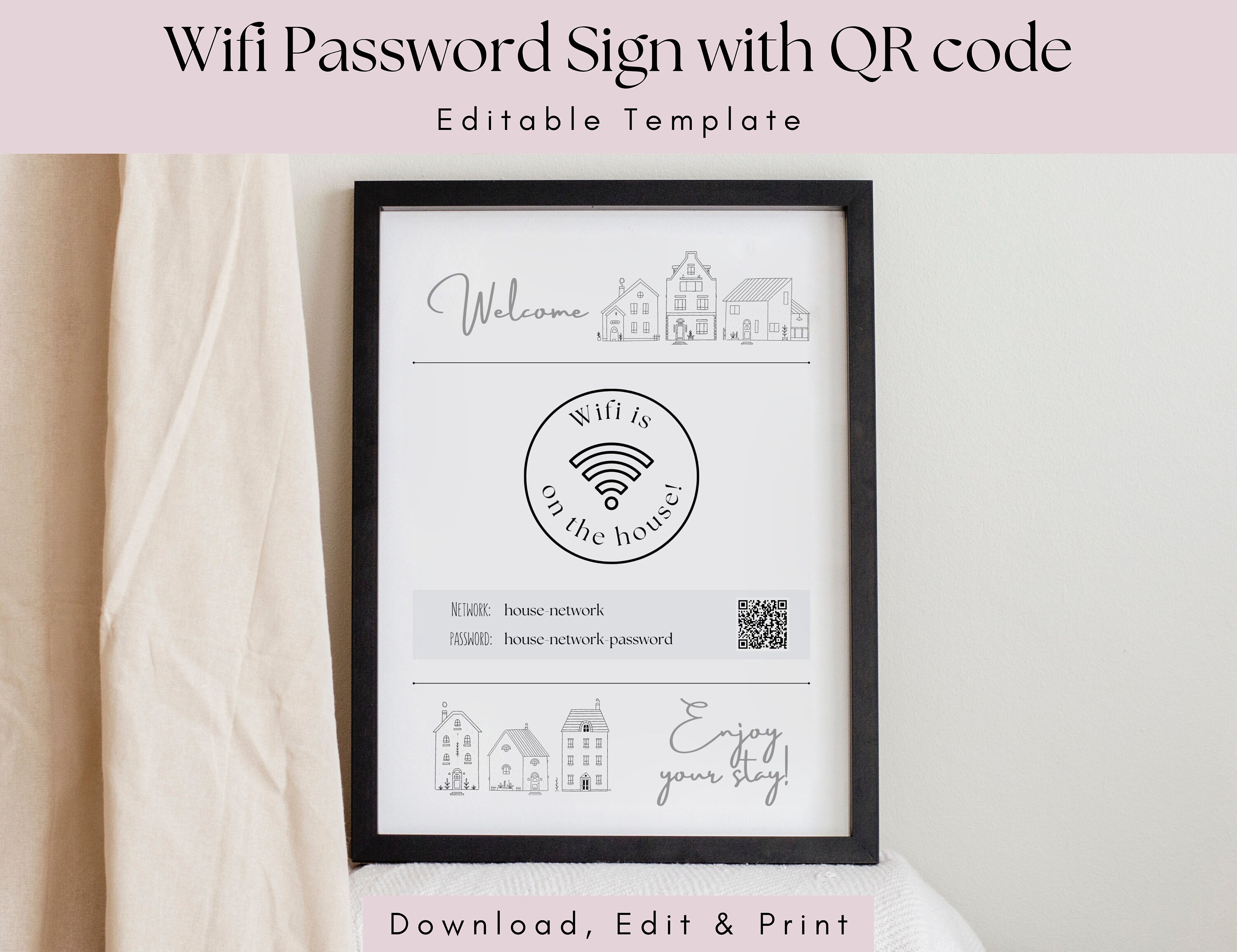 Wifi Password Sign With QR Code Template Editable in Canva - Etsy