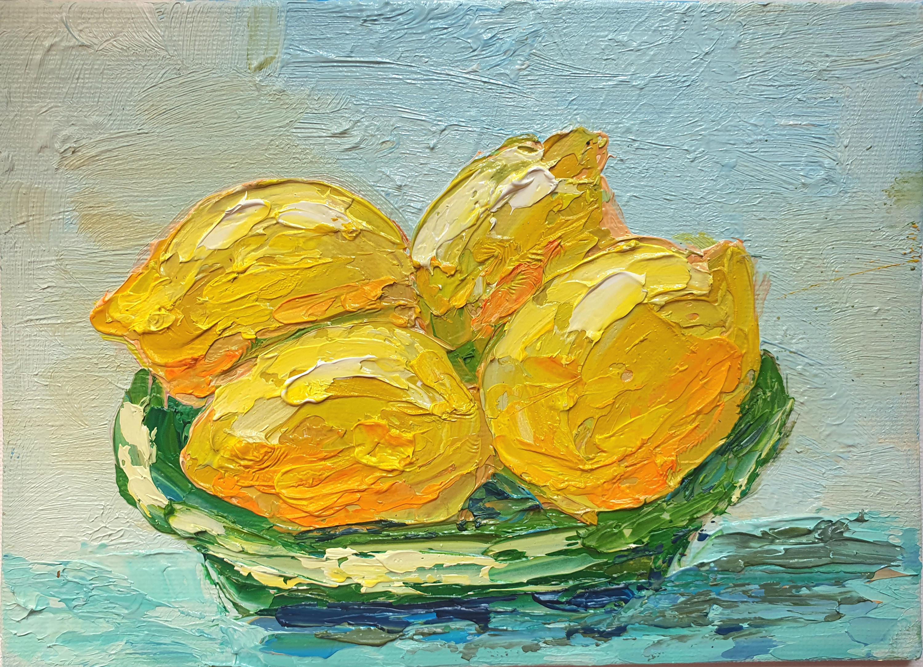 Lemons Painting 5x7 Fruit Original Oil Art Green Plate of Lemons Still ...