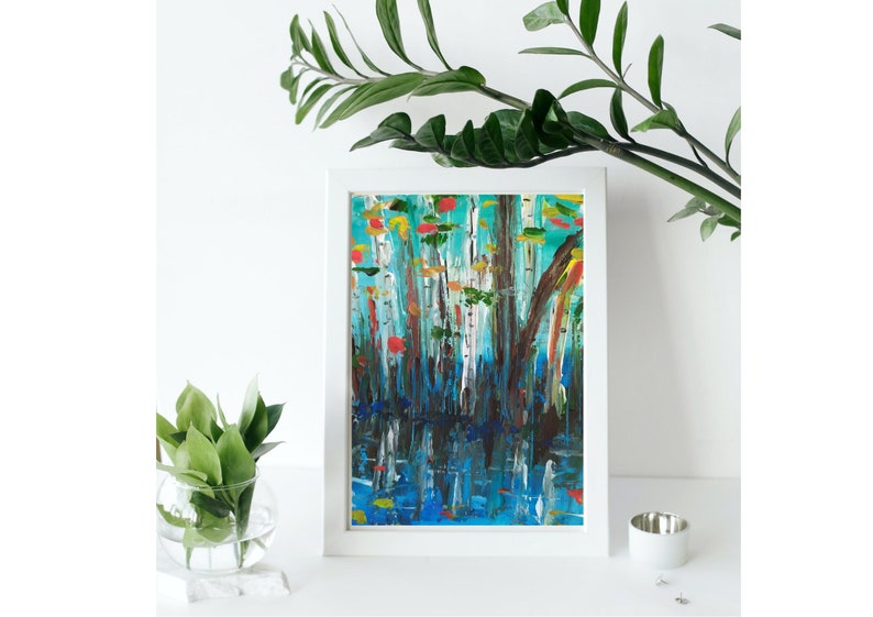 Abstract Lake Forest Painting Birch Trees Canvas Art Abstract Forest ...