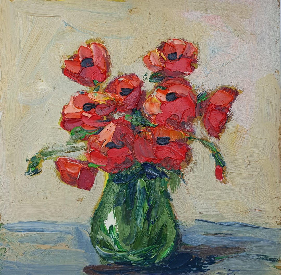 Original Red Poppy Oil Painting: Impasto Floral Still Life by Desi ...
