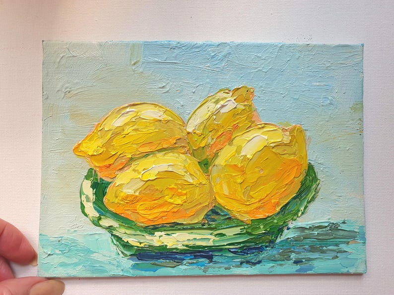 Lemons Painting 5x7 Fruit Original Oil Art Green Plate of Lemons Still ...