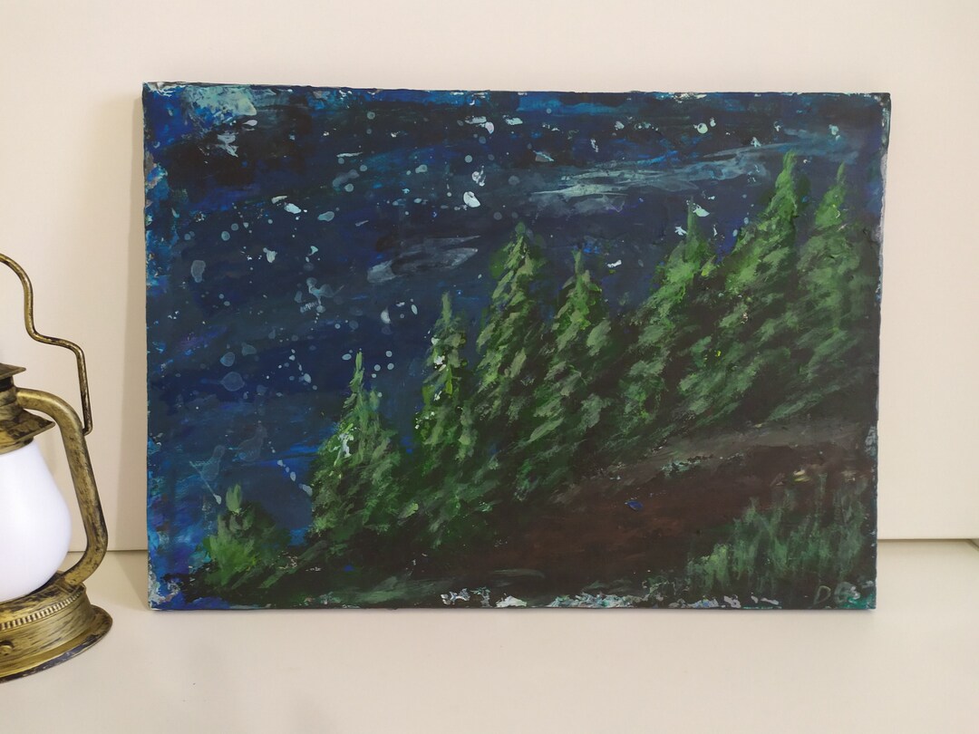 Pine Forest Painting Pacific Northwest Night in Pine Forest Original Landscape Art Pine Trees ...