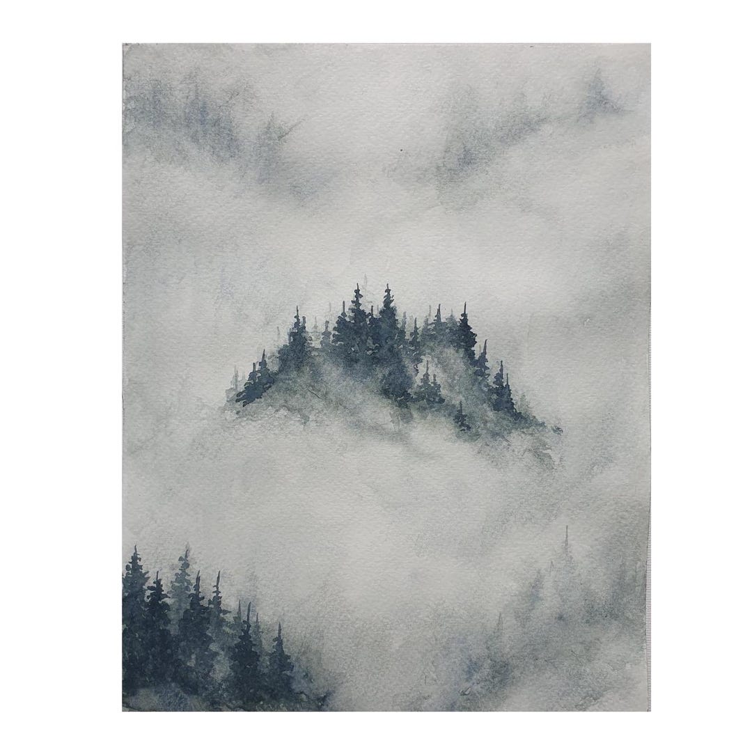 Misty Oregon Pine Forest Watercolor Painting: Smoky Mountain Landscape ...