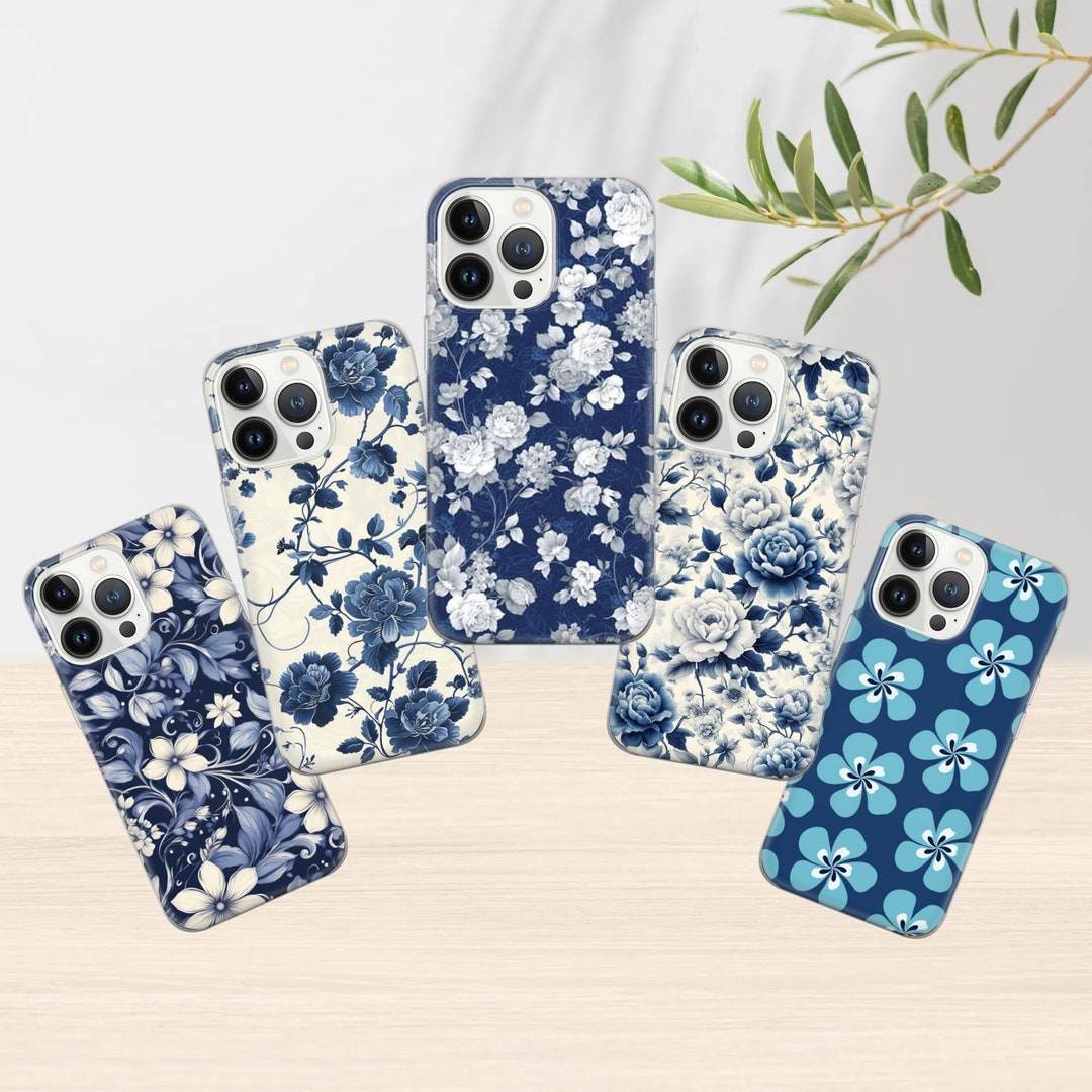 Navy Blue Phone Case Blue Flower Cover for iPhone 16 Pro, 15, 14, 13 ...