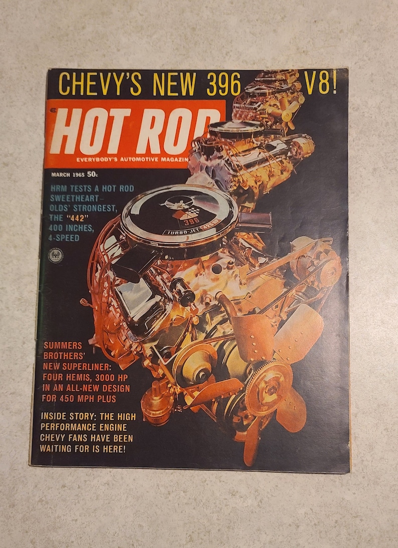 1965 March Hot Rod Magazine Chevys New 396 V8 Summer Brothers New Superliner: 4 Hemis 3000hp ...