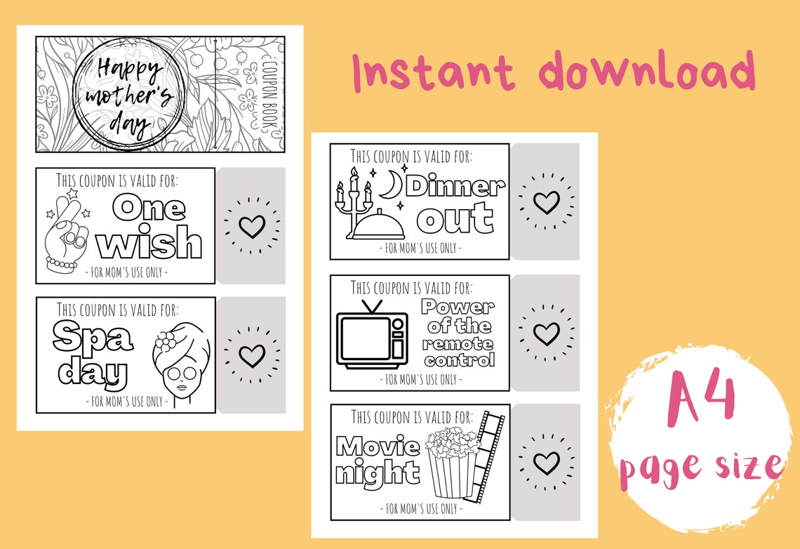 Printable Mother's Day Coupons to Color. Mother's Day Gift. Digital ...