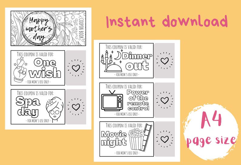 Printable Mother's Day Coupons to Color. Mother's Day Gift. Digital ...