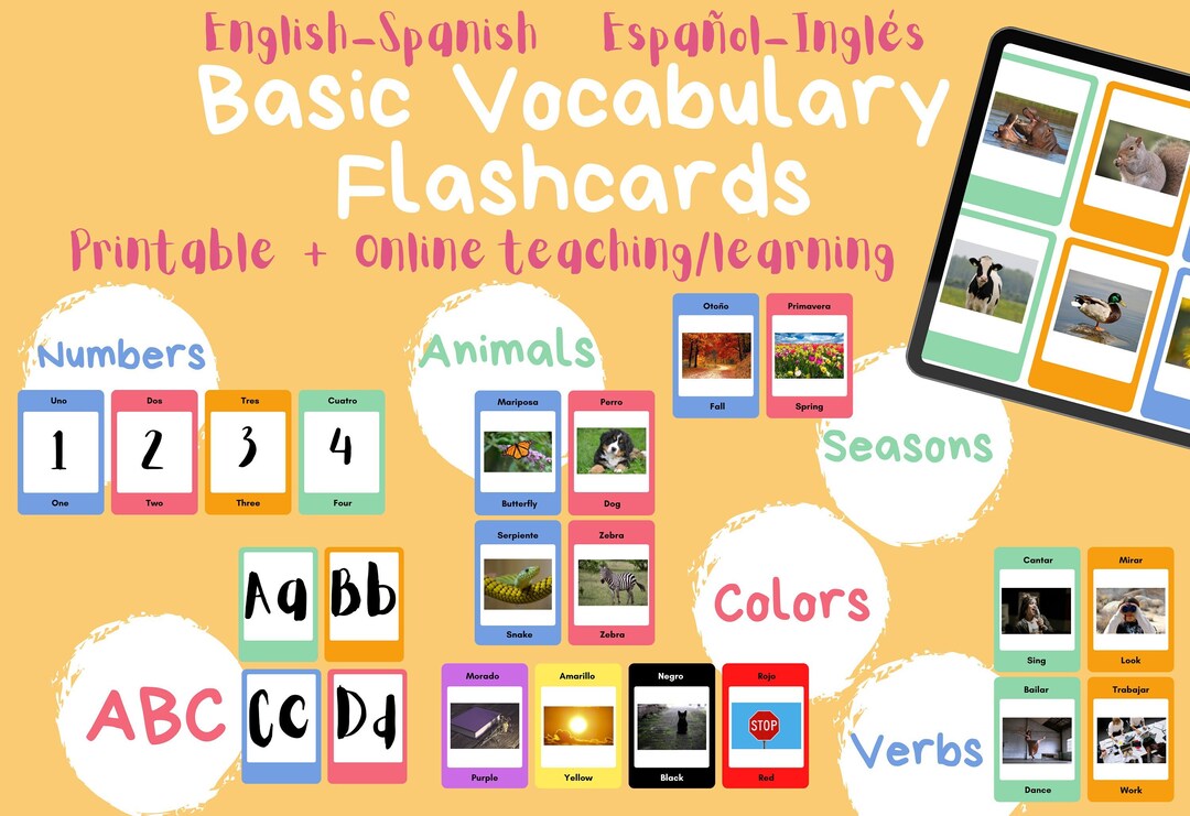 English to Spanish Basic Vocabulary Flashcards. Printable - Etsy