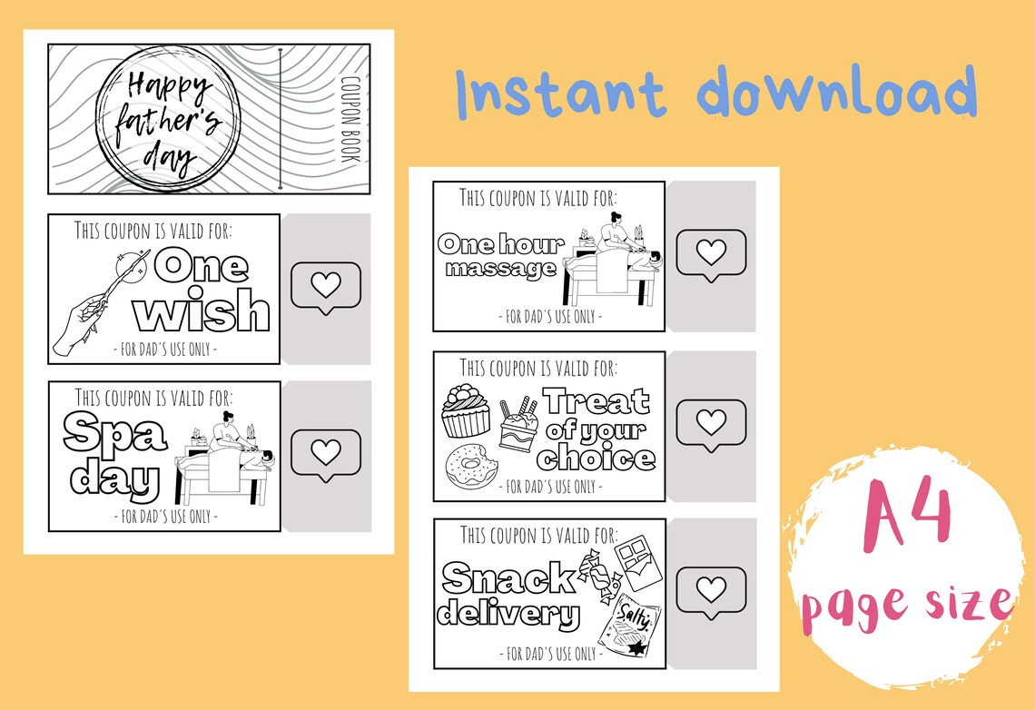 Printable Father's Day Coupons to Color. Father's Day Gift. Digital ...