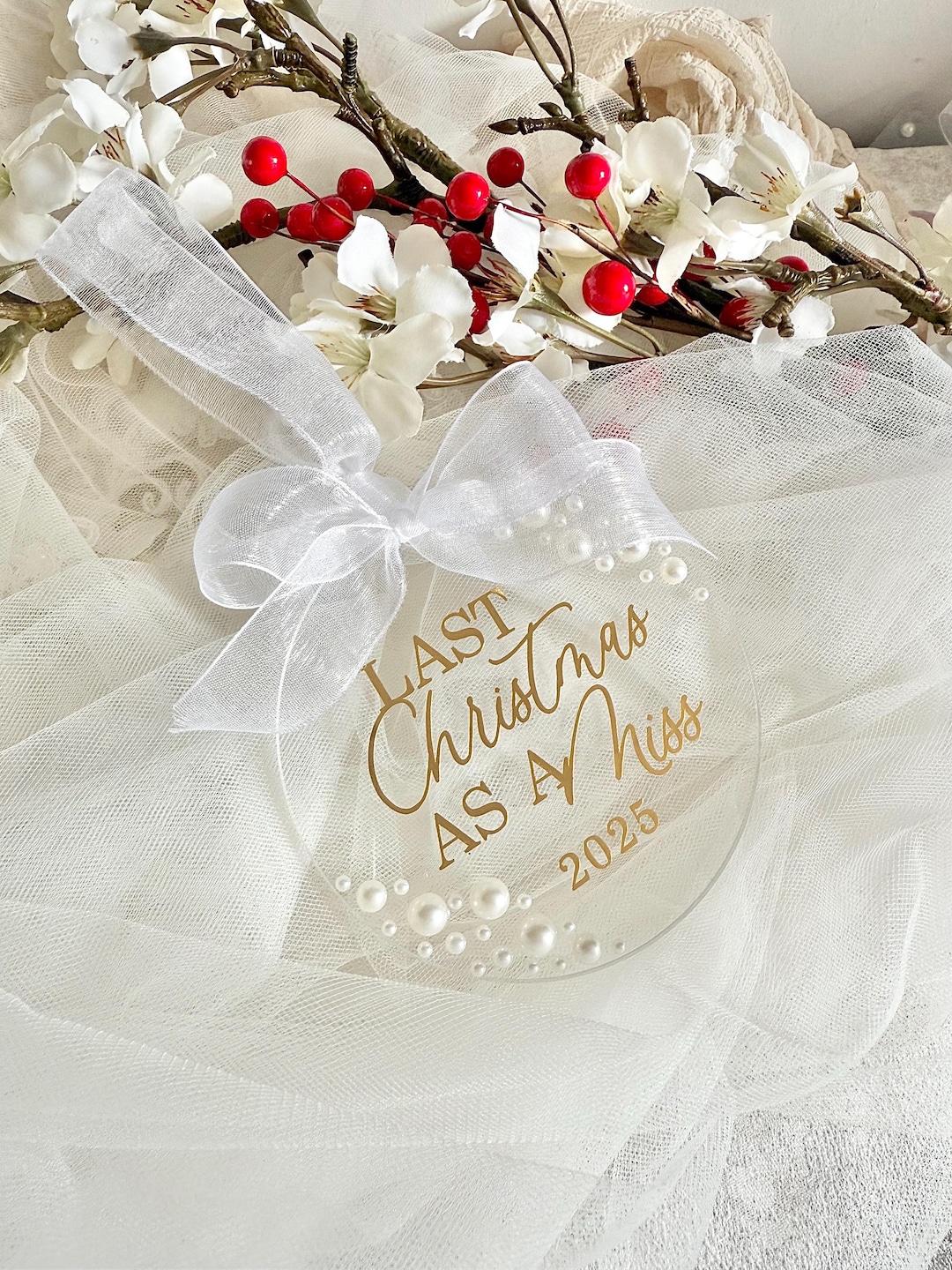 Handmade Engagement Bauble: Last Christmas as a Miss Keepsake, Pearl ...