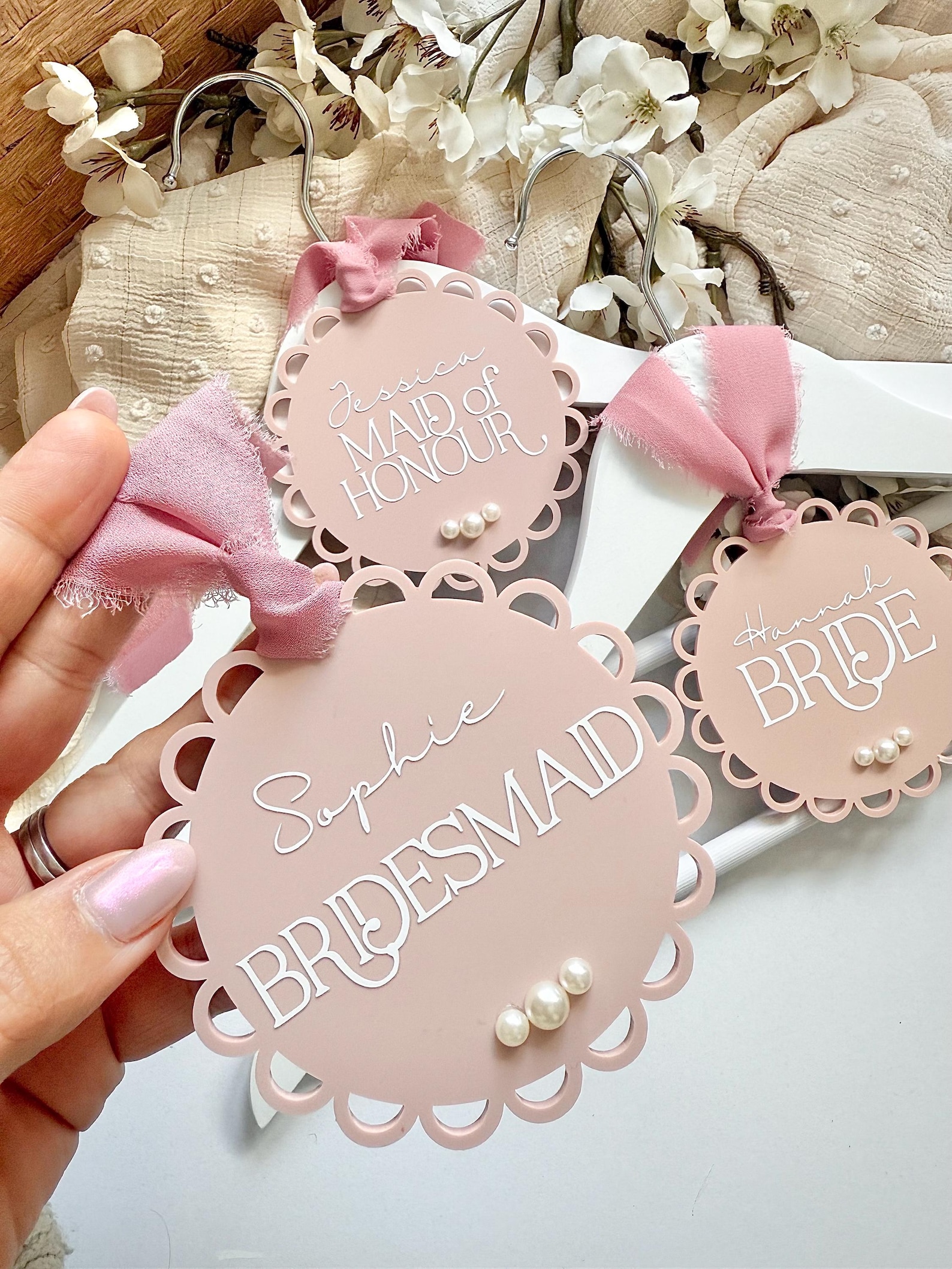 Personalised Bridesmaid Hanger Tag, Bride Hanger Tag, Acrylic, Pearls ...