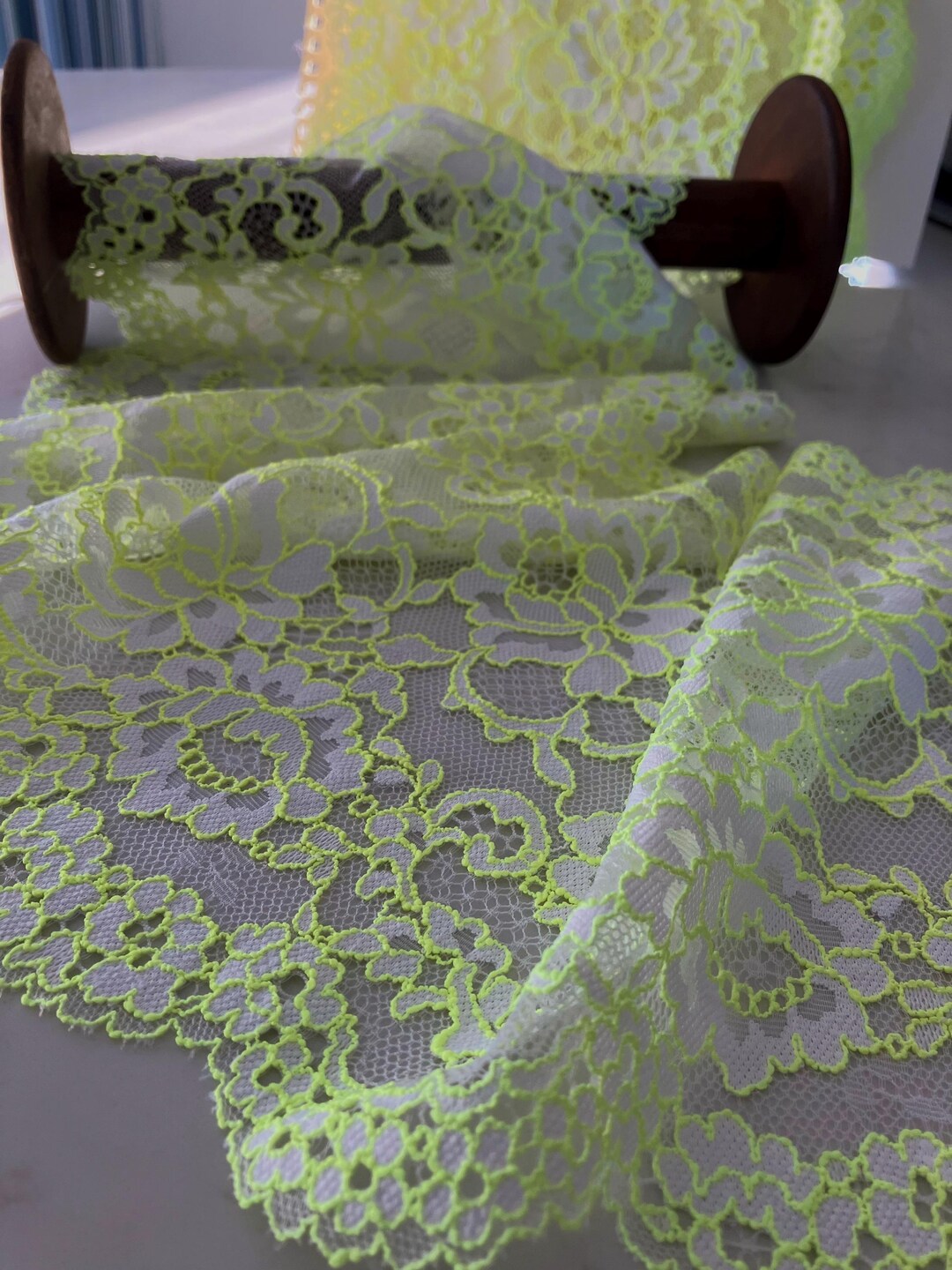 Stretch Lace Trim. White Lace With Neon Yellow. Double Galloon Edge ...