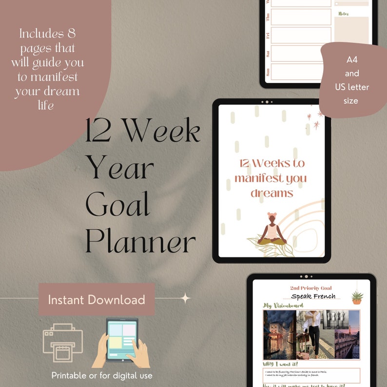 Printable 12 Week Year Planner Goal Tracker Manifest Your Dream Life ...