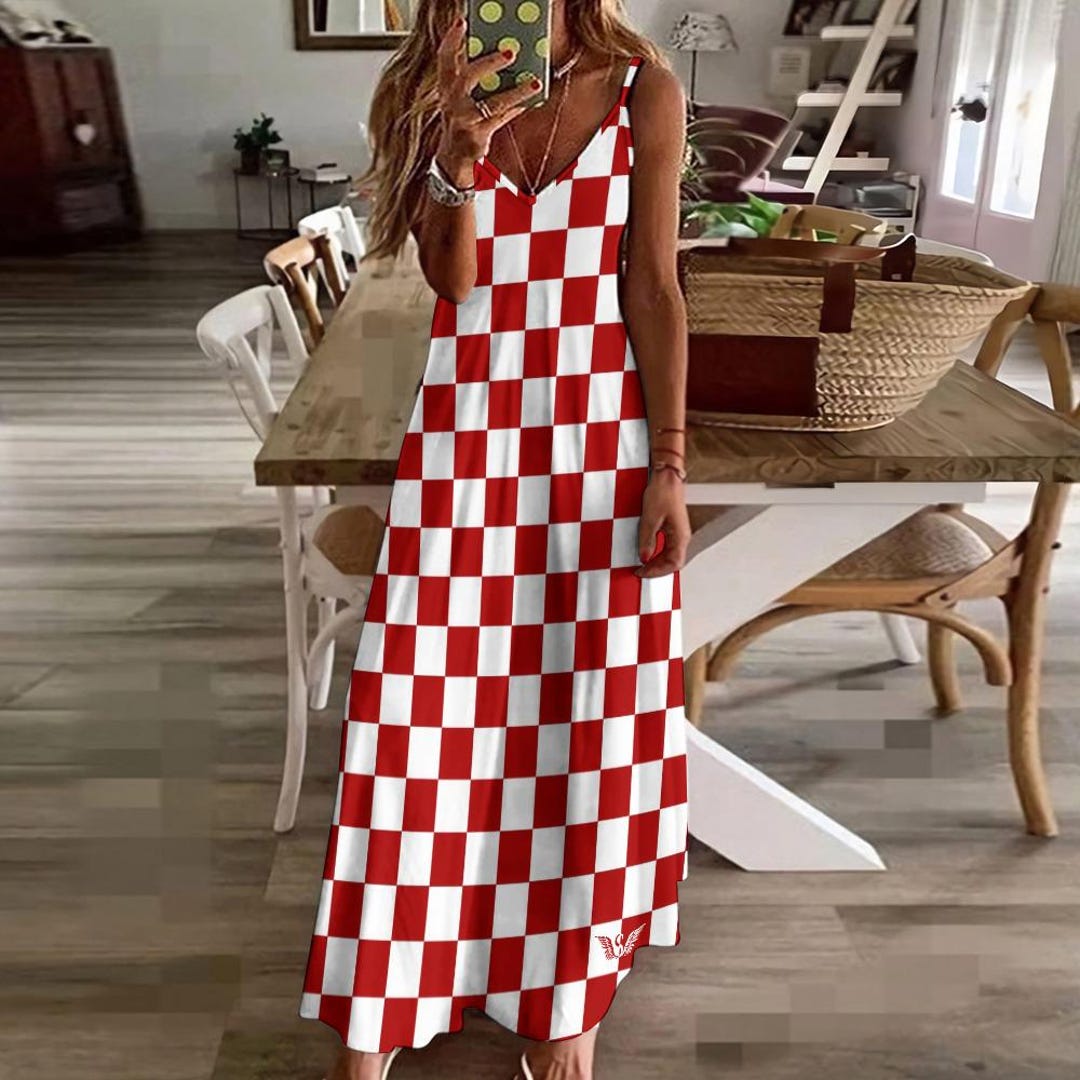 Croatian Checkered Maxi Dress: Summer Ankle Sling Dress - Etsy