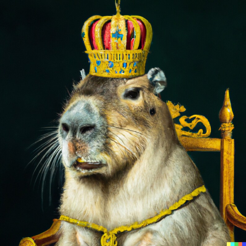 An Oil Painting Portrait of a Capybara Wearing Medieval Royal Robes and an Ornate Crown on a ...