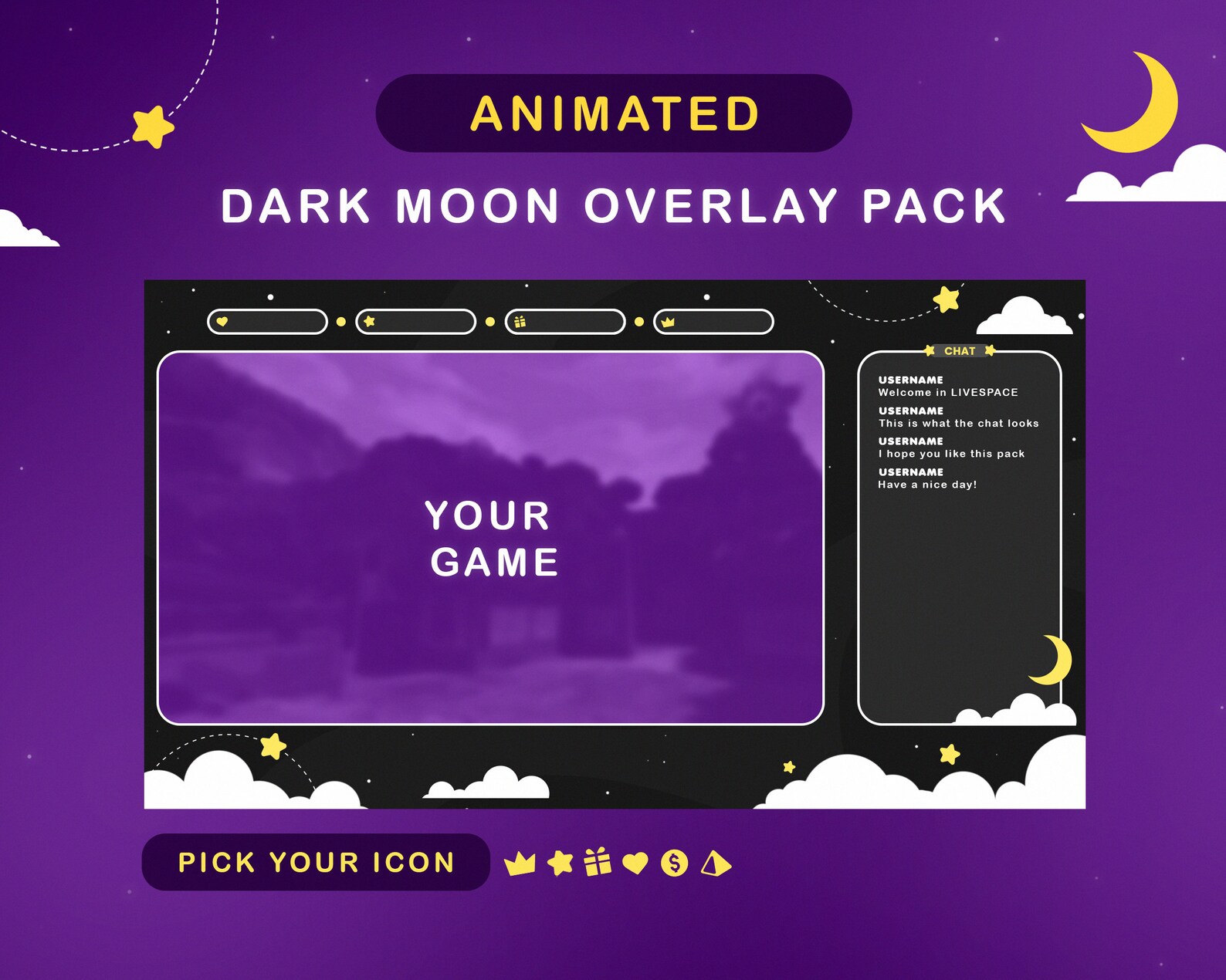 Dark Moon Twitch Overlay Pack • Minimal Black Moon Streamer Package ...