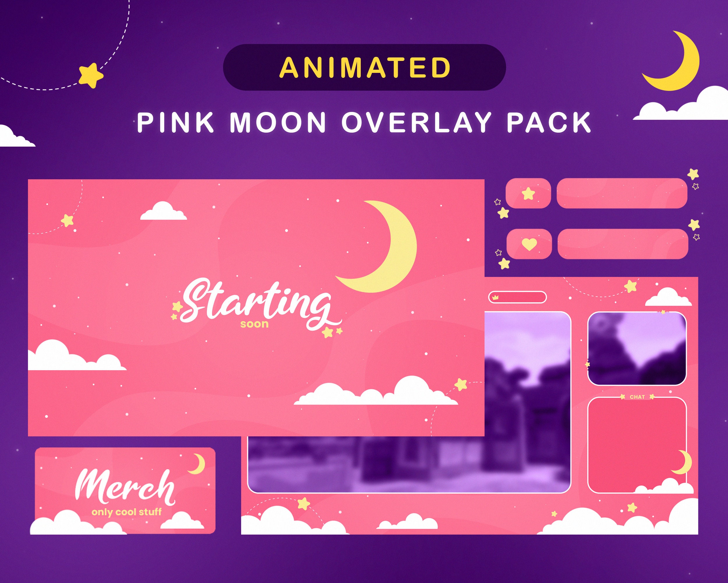 Pink Moon Twitch Overlay Pack • Minimal Pink Moon Streamer Package ...