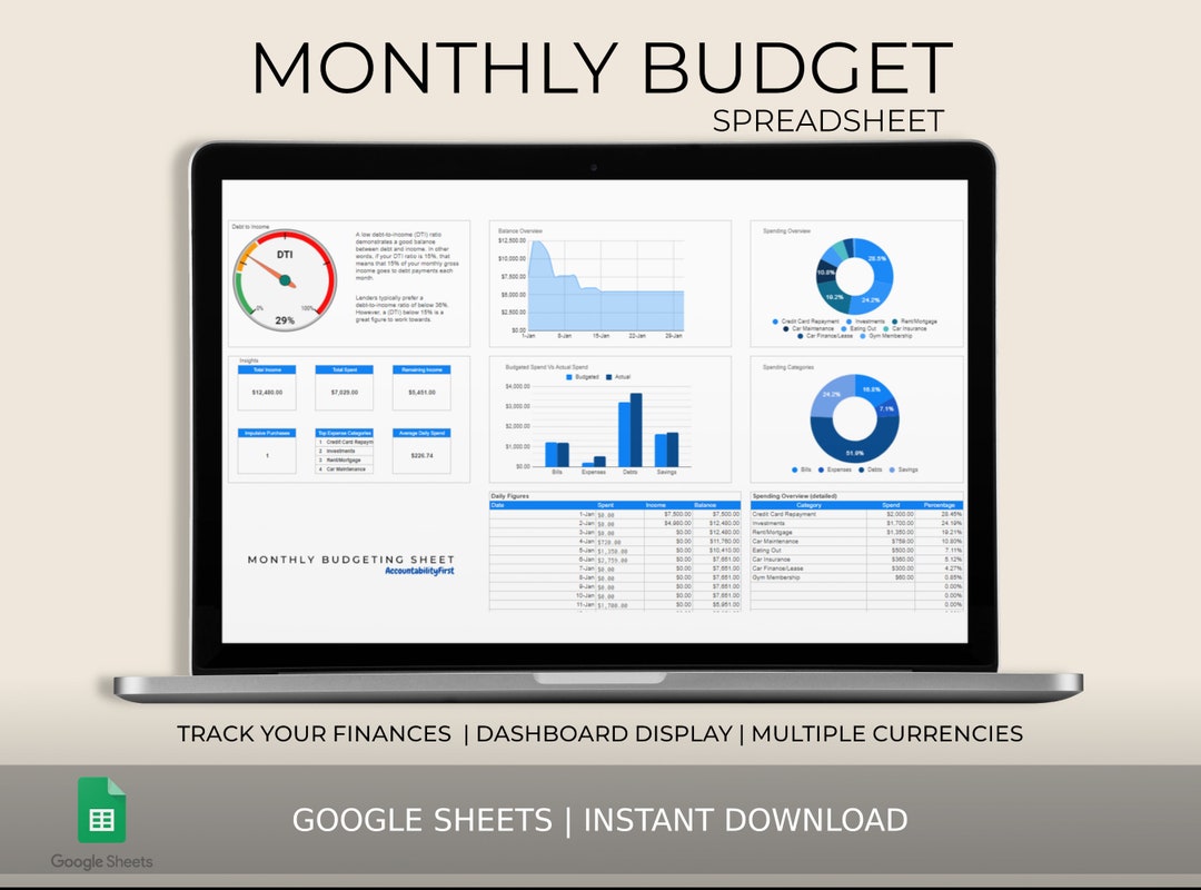 Monthly Budget Spreadsheet Template for Google Sheets, Savings, Budget ...