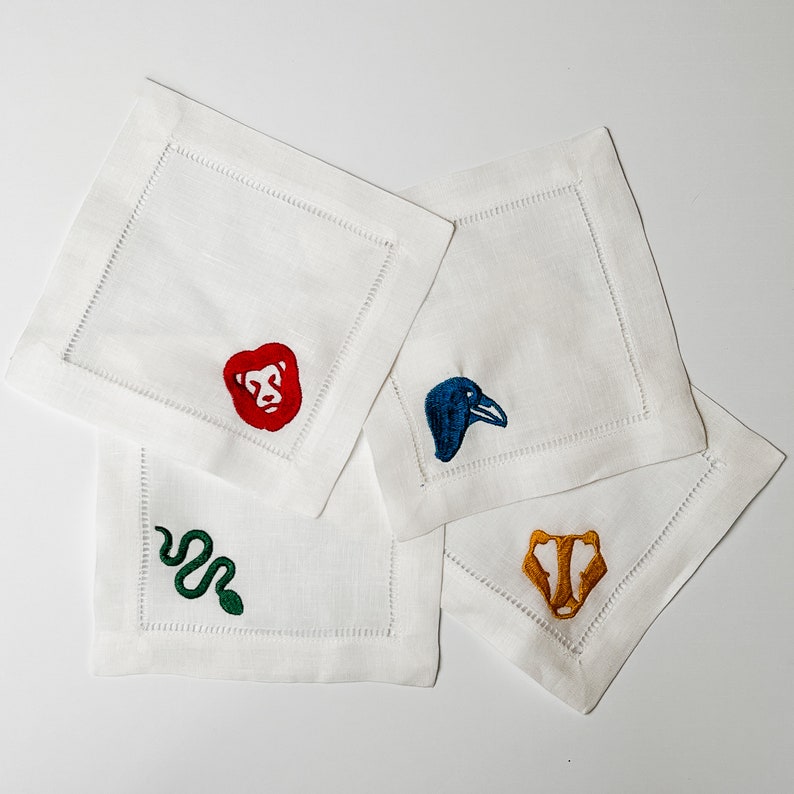 Hogwarts House Mascots Embroidered Linen Cocktail Napkins set - Etsy
