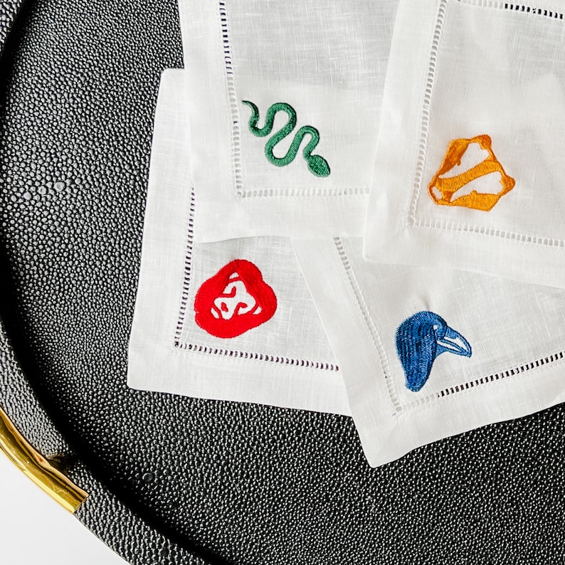 Hogwarts House Mascots Embroidered Linen Cocktail Napkins set of 4 ...