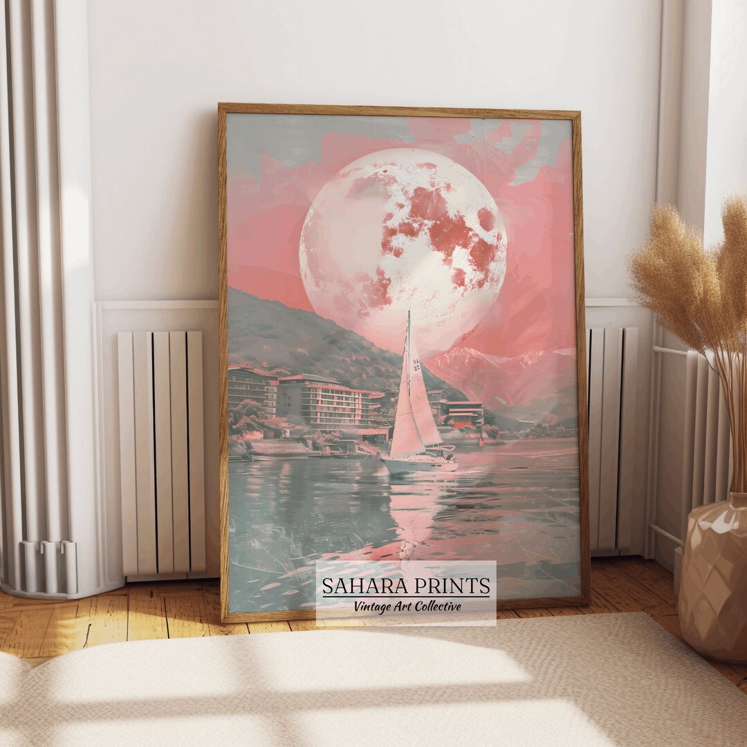 Modern Abstract Pink Moon Art Print | Vibrant Multicolour Landscape ...
