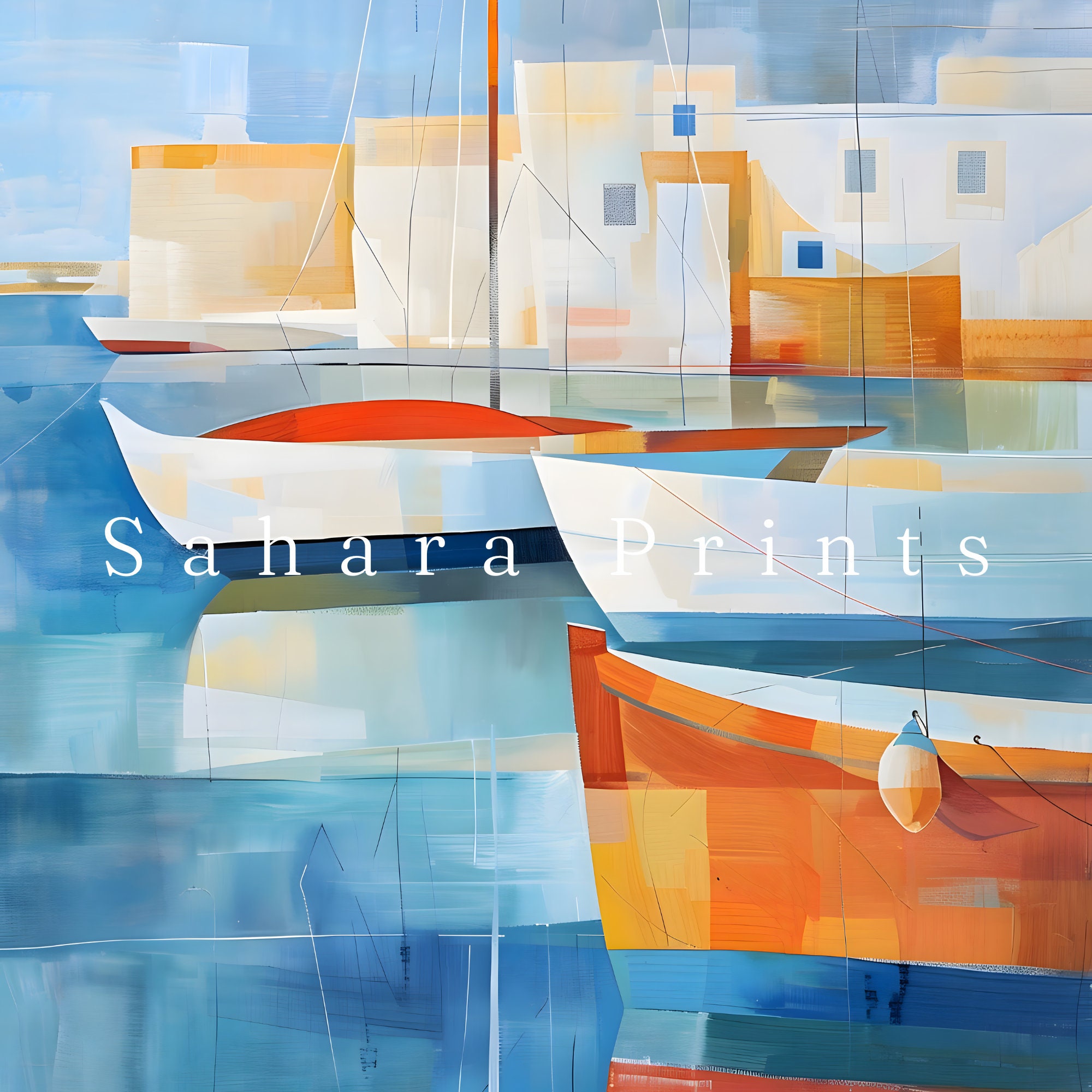 Modern Abstract Greek Island Boats Art Print | Colourful Seascape Wall ...