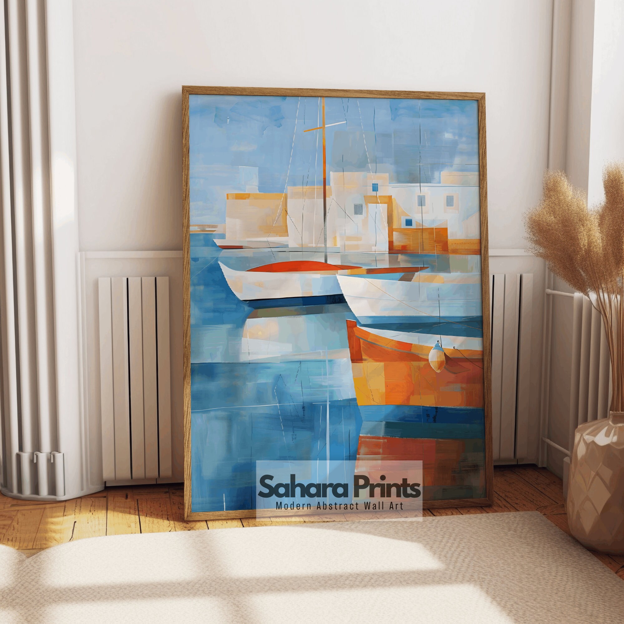 Modern Abstract Greek Island Boats Art Print | Colourful Seascape Wall ...