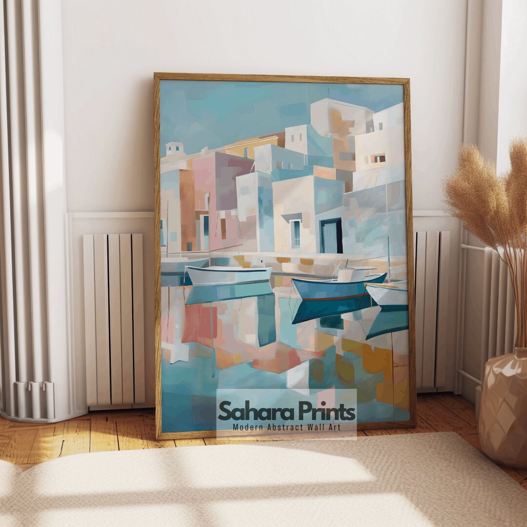 Modern Abstract Greece Port Art Print | Colourful Seascape Wall Decor ...