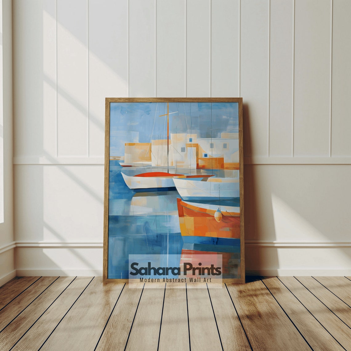 Modern Abstract Greek Island Boats Art Print | Colourful Seascape Wall ...