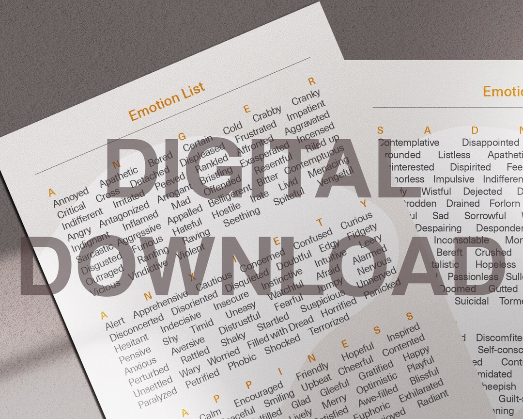 Emotion List Printout Emotion Identifier Feelings Therapy - Etsy