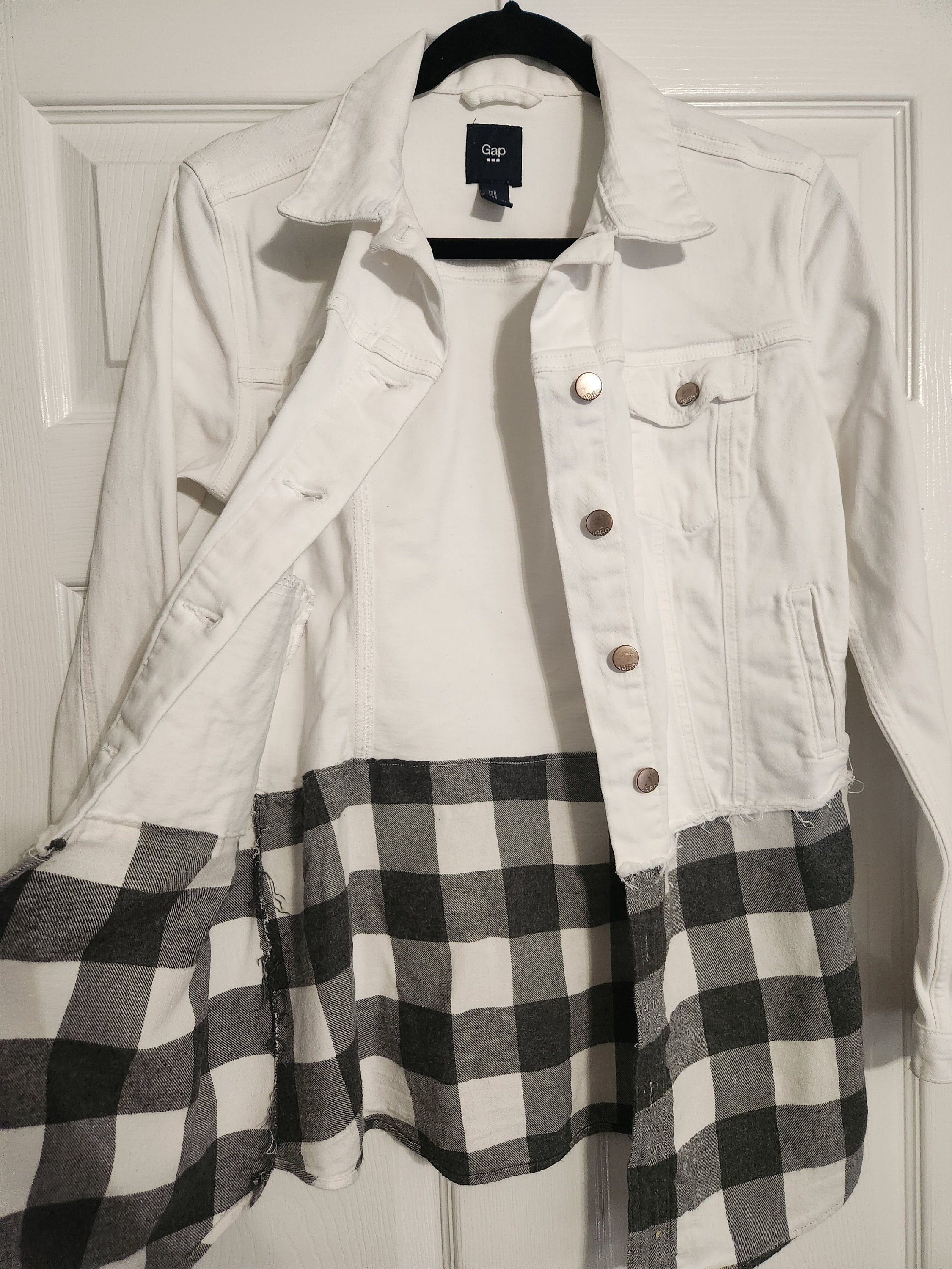 Flannel Rework White Denim and Flannel Jacket, Vintage, Upcycled, One ...