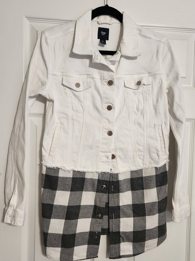Flannel Rework White Denim and Flannel Jacket, Vintage, Upcycled, One ...
