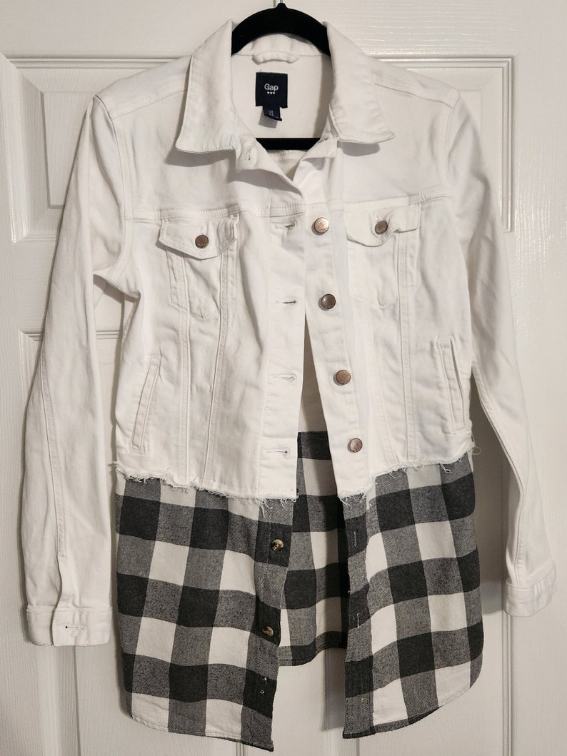 Flannel Rework White Denim and Flannel Jacket, Vintage, Upcycled, One ...