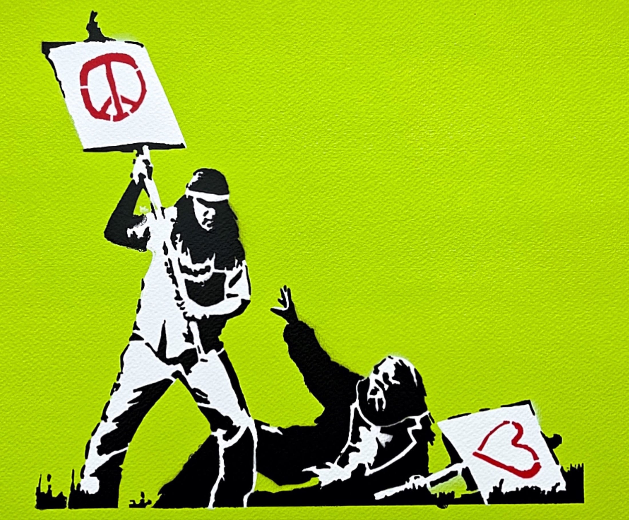 BANKSY/NOT BANKSY - Peace Vs Love - Original Spray Paint, Certificate ...