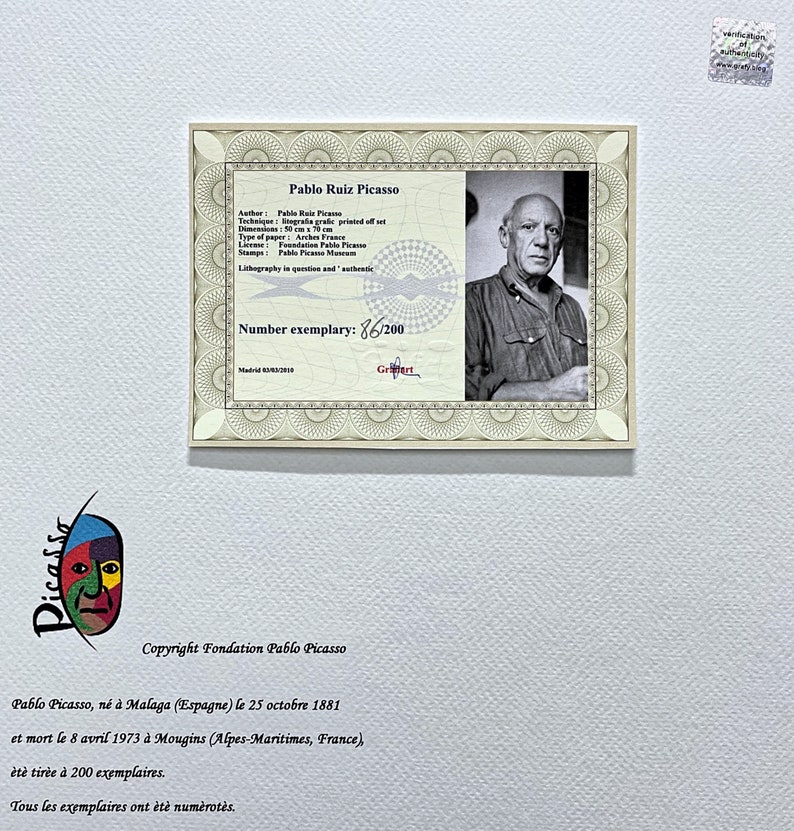 PABLO PICASSO Signed Certificate coa Limited Edition - Etsy