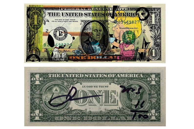 DEATH NYC Snoopy Charlie Brown Signed One Dollar Bill, Certificate coa ...
