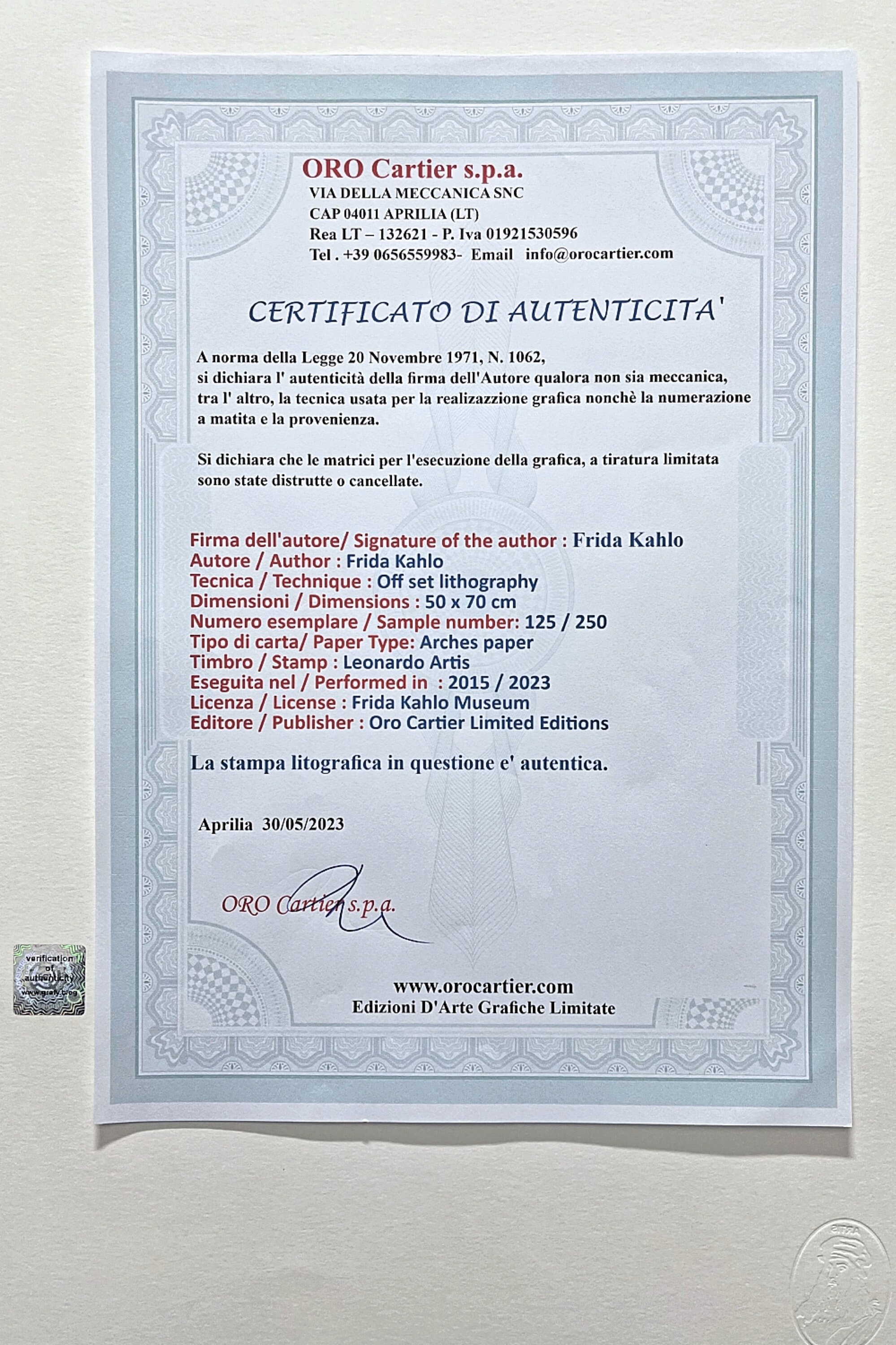 FRIDA KAHLO (after) - Autorretrato - Signed, Certificate + Photo ...