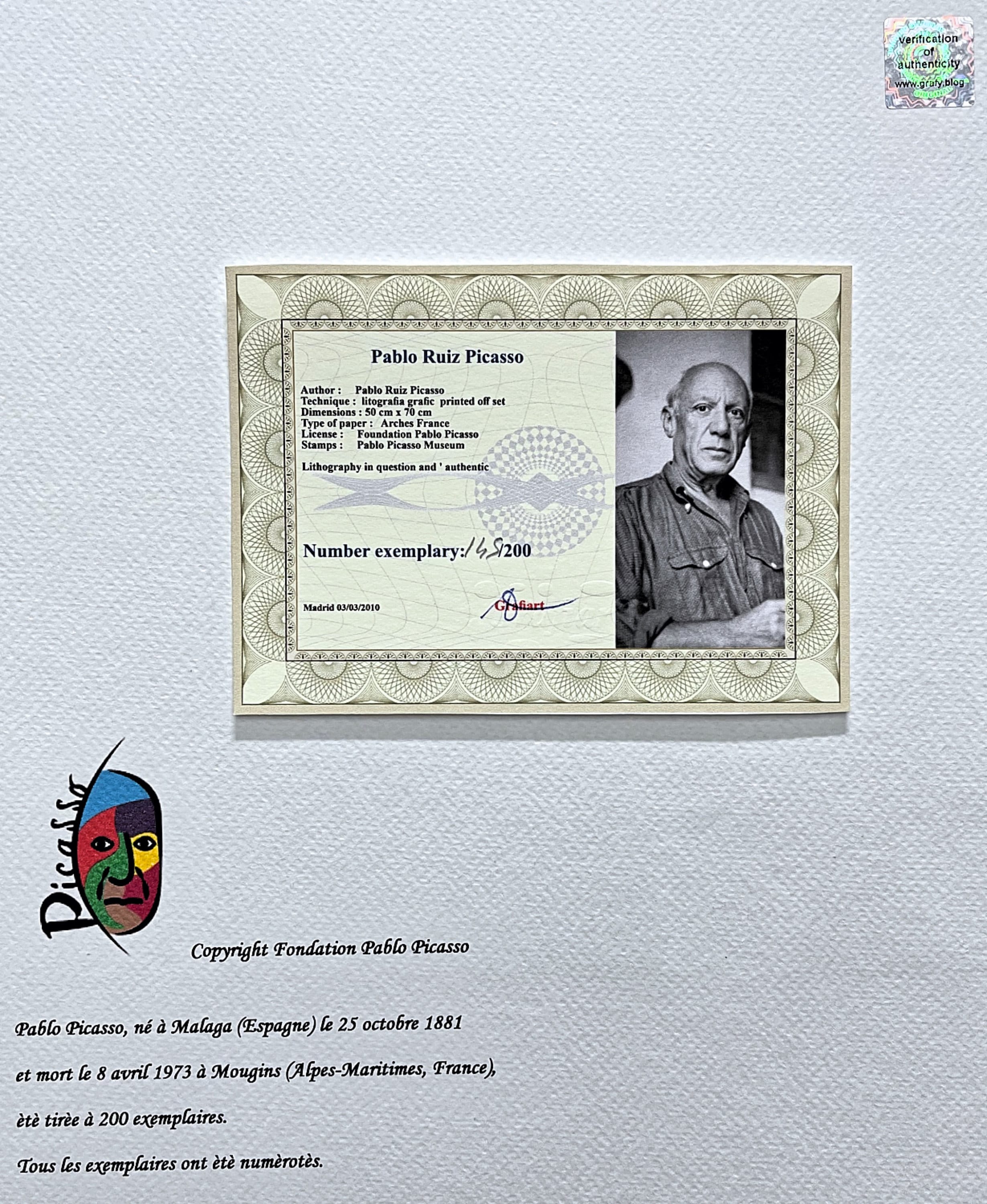 PABLO PICASSO Signed Certificate coa Limited Edition - Etsy