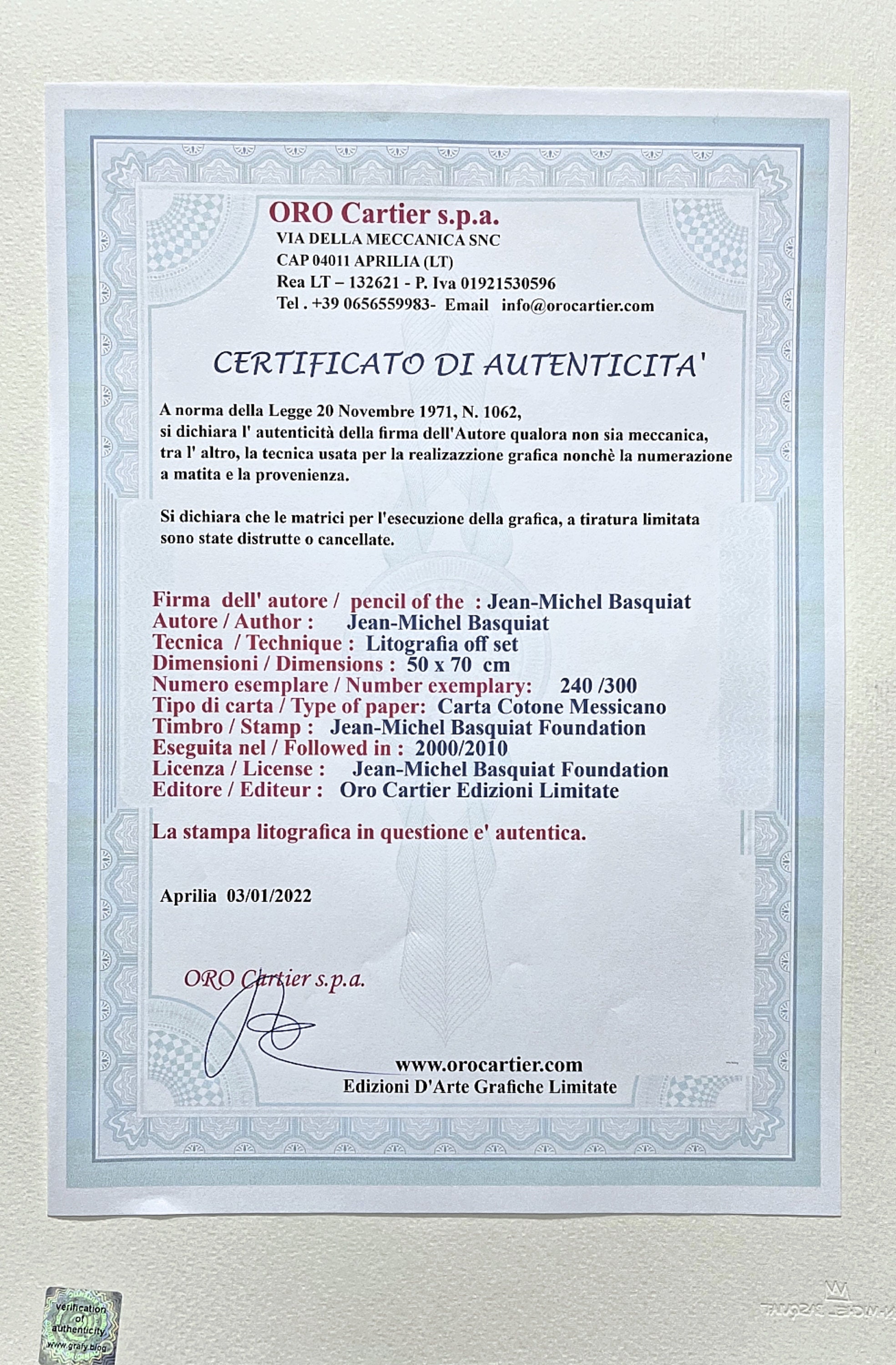 JEAN-MICHEL BASQUIAT Signed Certificate coa Limited - Etsy