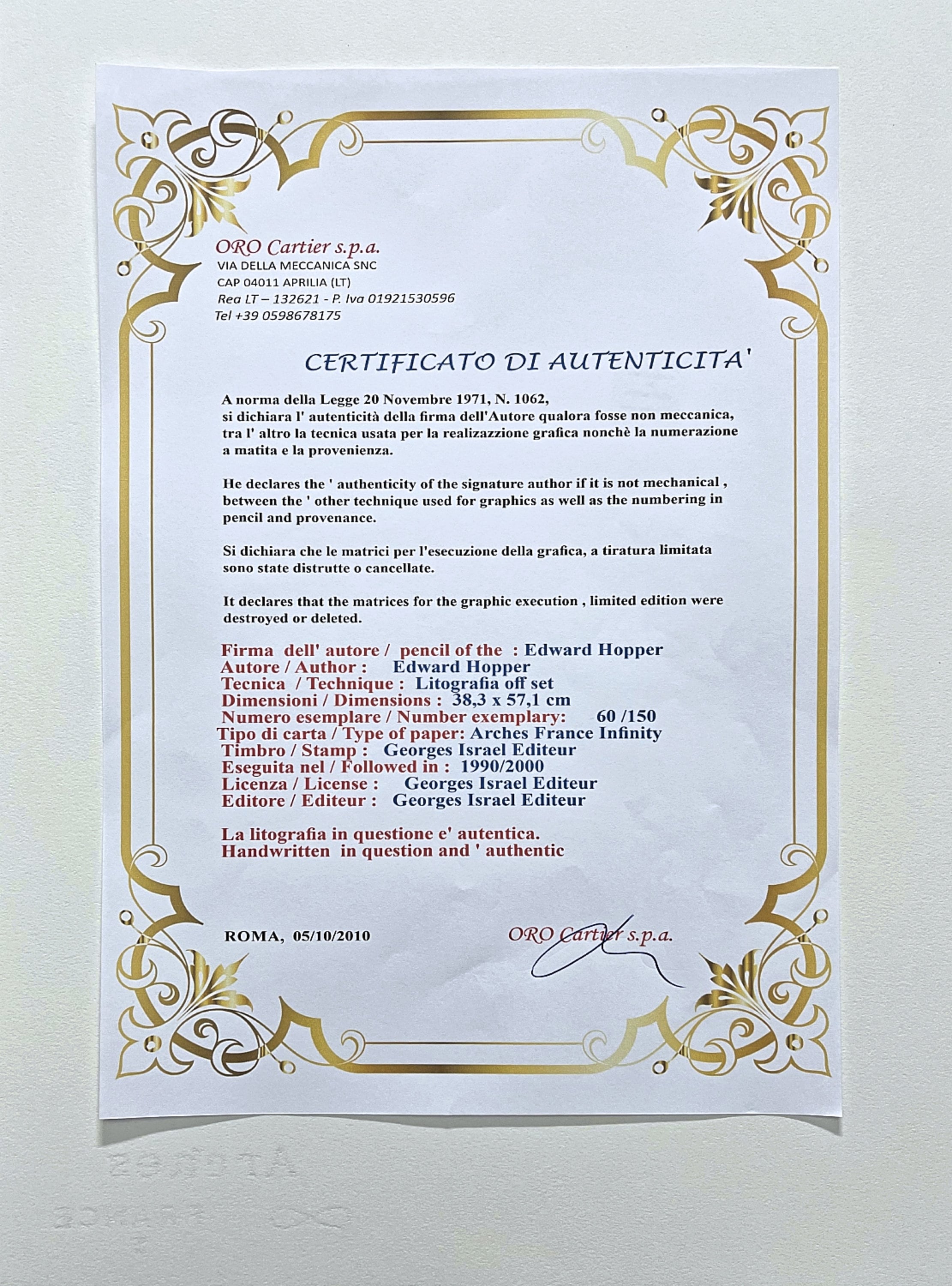 EDWARD HOPPER after Signed, Certificate, Limited Edition 60/150, 38 X ...