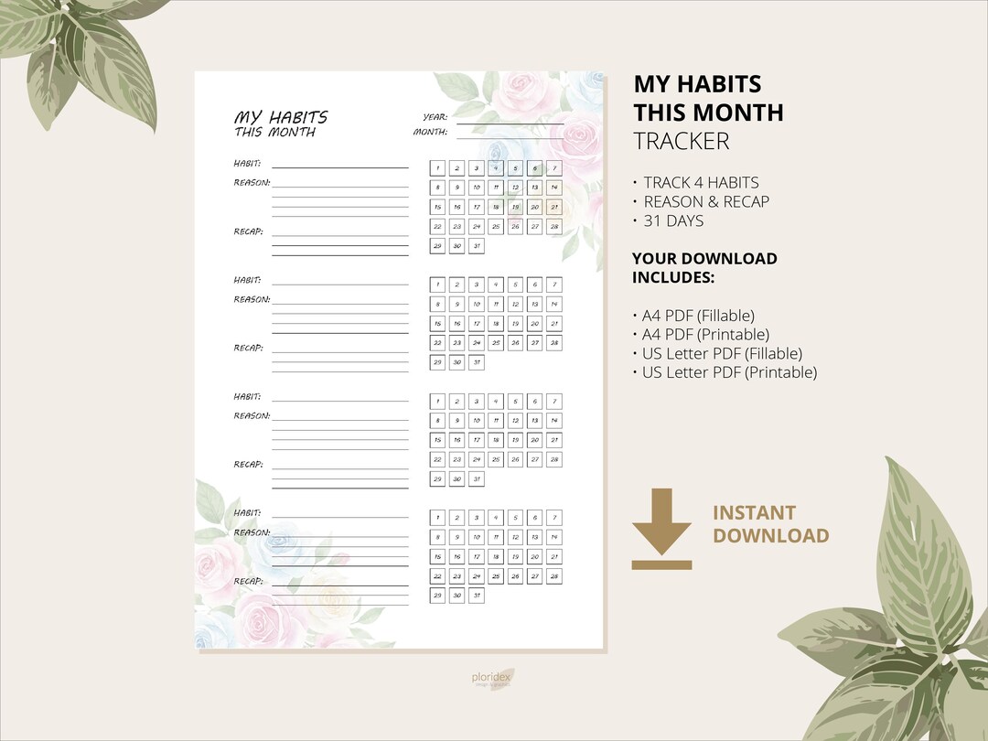 Monthly Habit Tracker Printable | Colorful Roses Floral Goal Setting ...