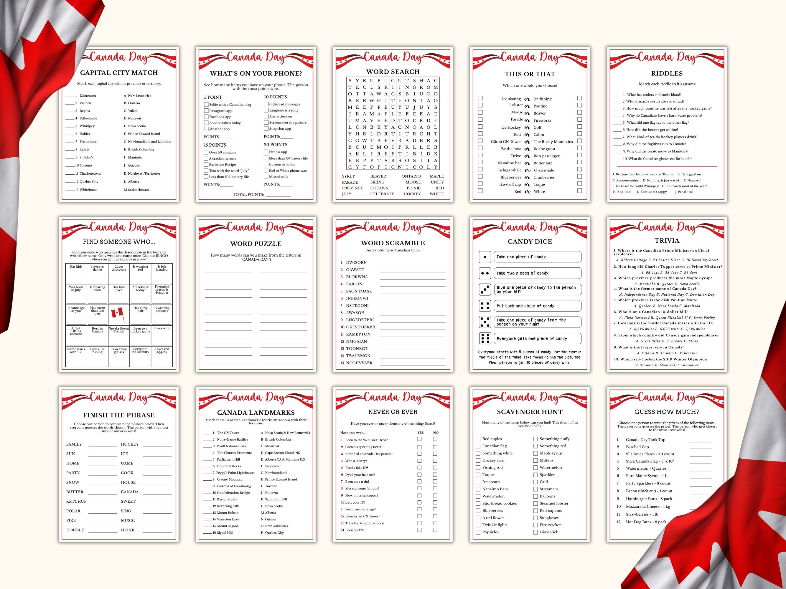 30 Canada Day Game Bundle - Printable Canada Day Games Bundle for Kids ...