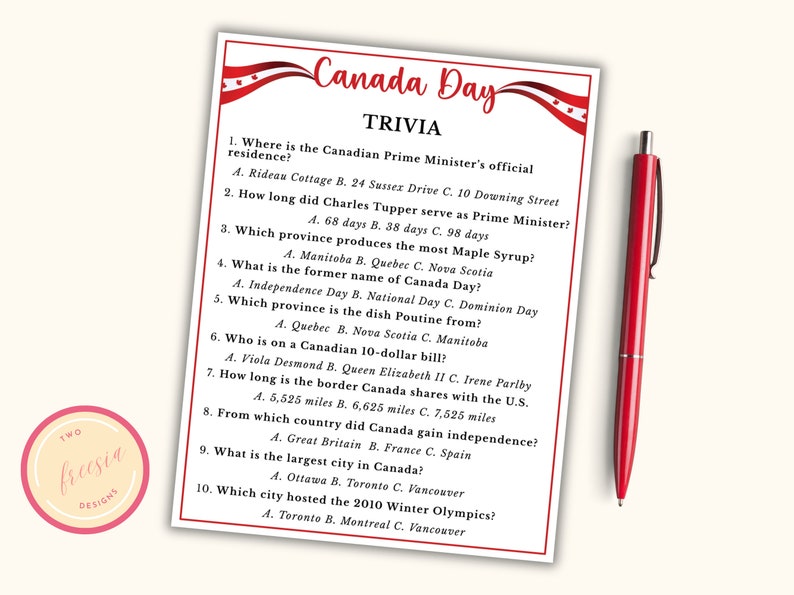 Canada Day Trivia Game - Printable Canada Day Game for Kids & Adults ...