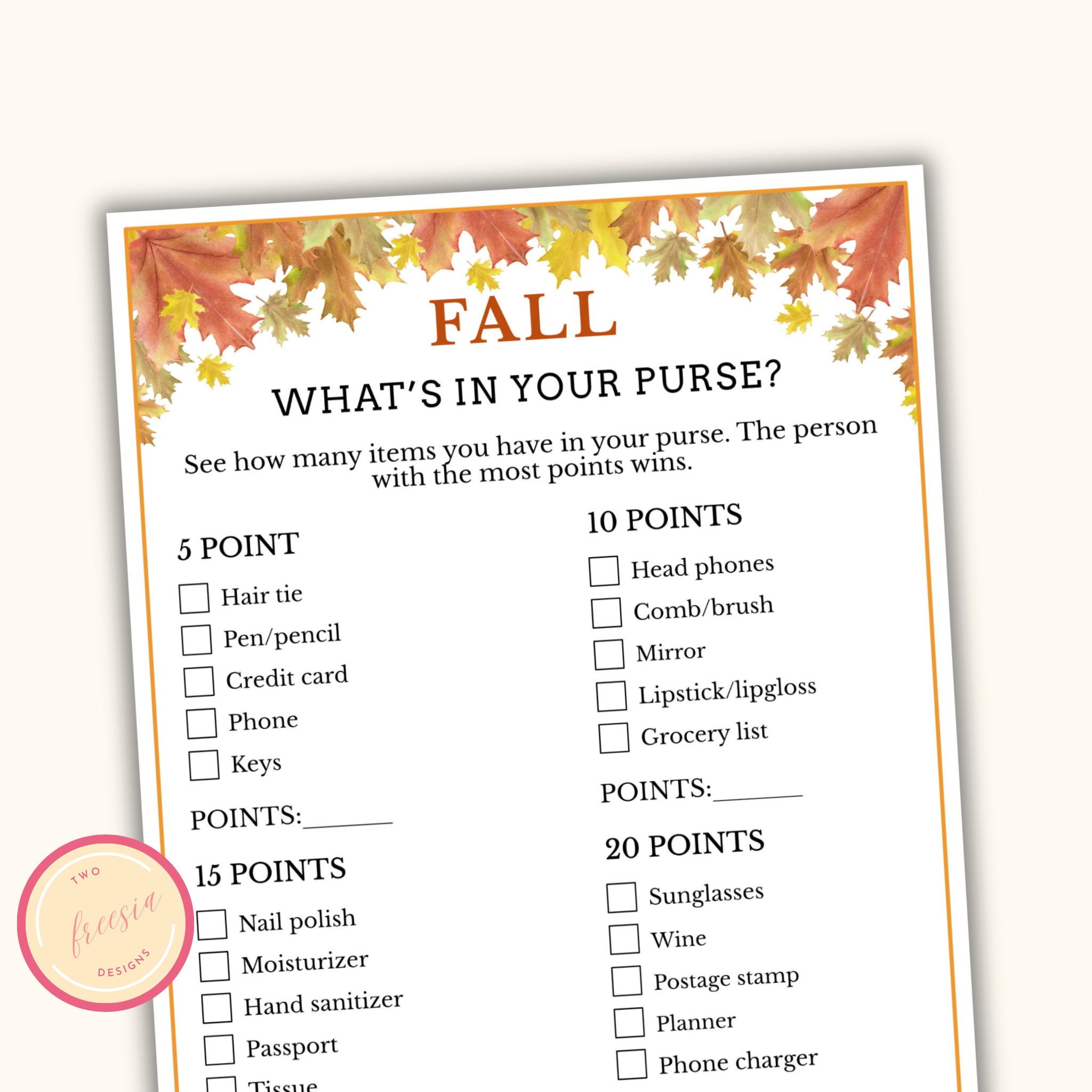 What's in Your Purse Game Printable Autumn Game Fun Fall Time ...