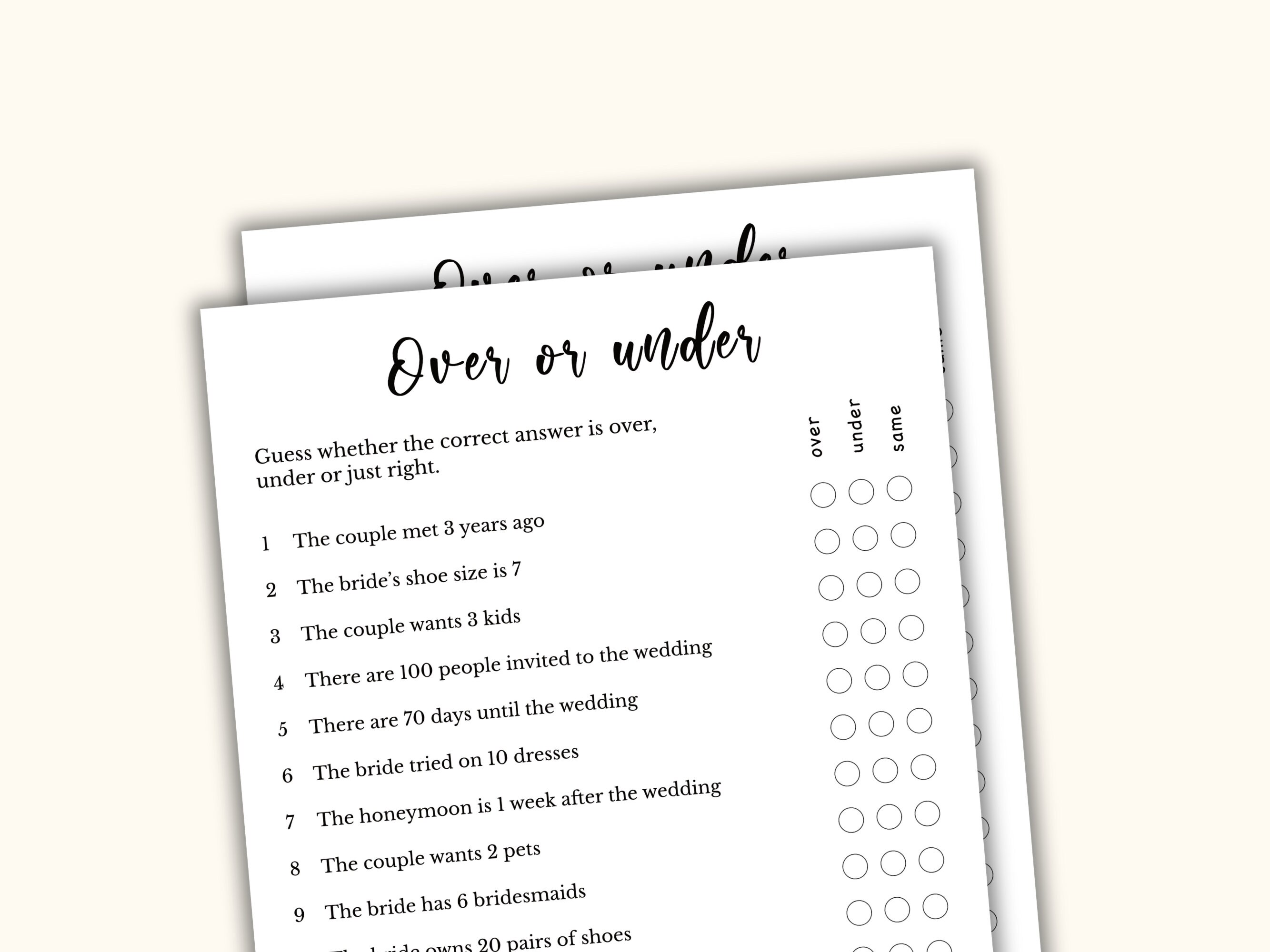 Over or Under Bridal Shower Game - Printable Couples Bridal Party Games ...