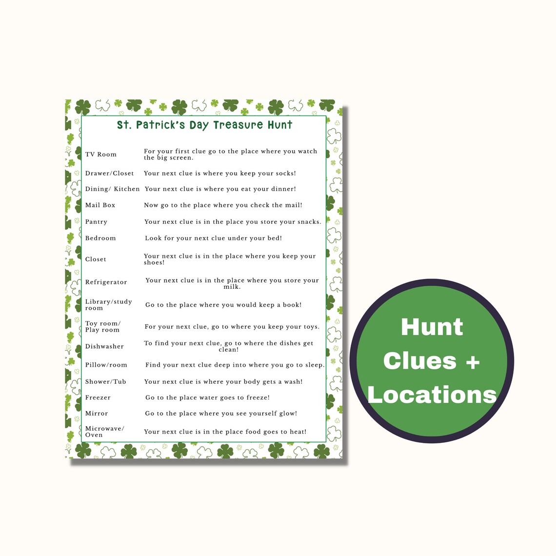 St. Patrick's Day Treasure Hunt - Printable Scavenger Hunt Clues ...