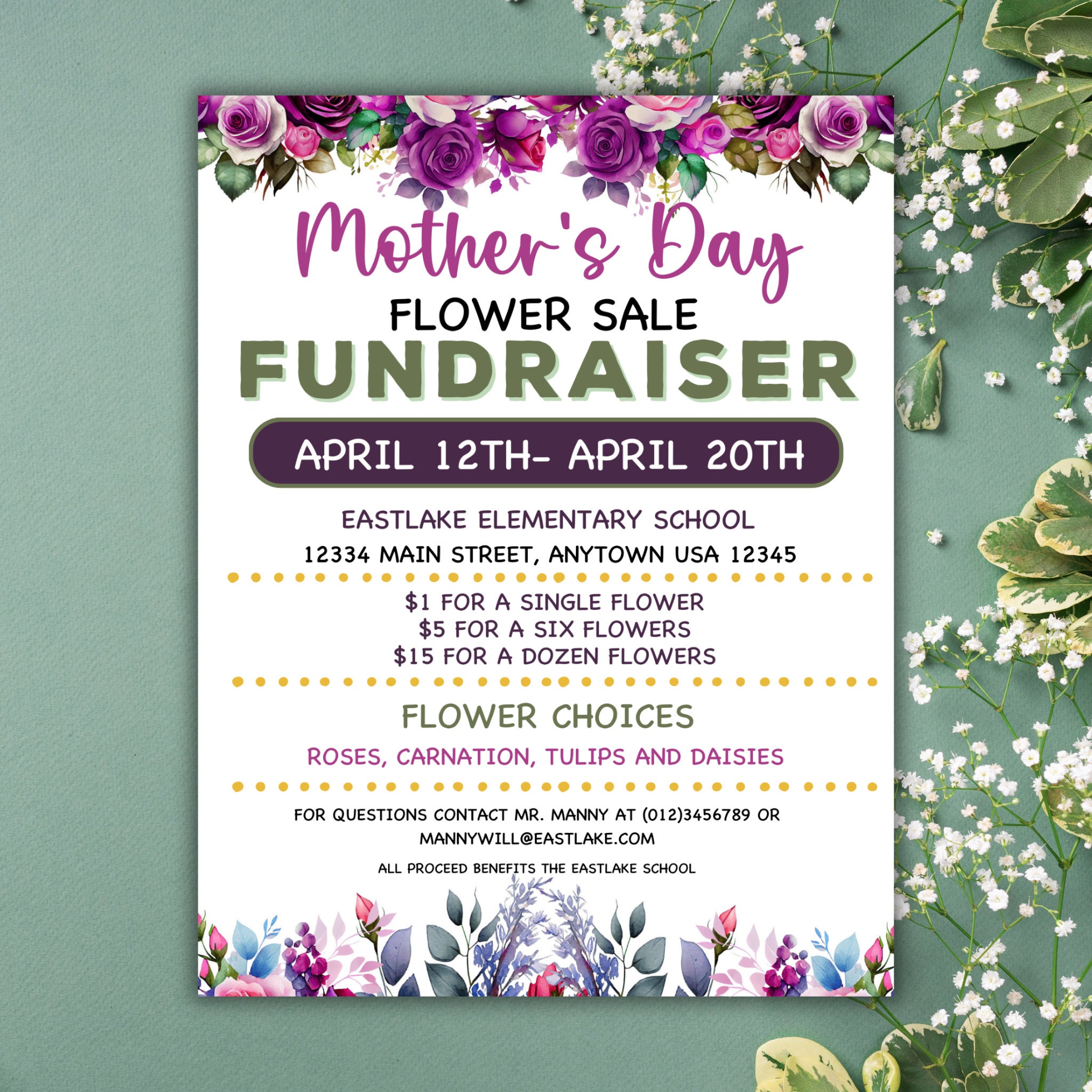 Editable Mother's Day Flower Fundraiser Flyer - Carnation Roses ...