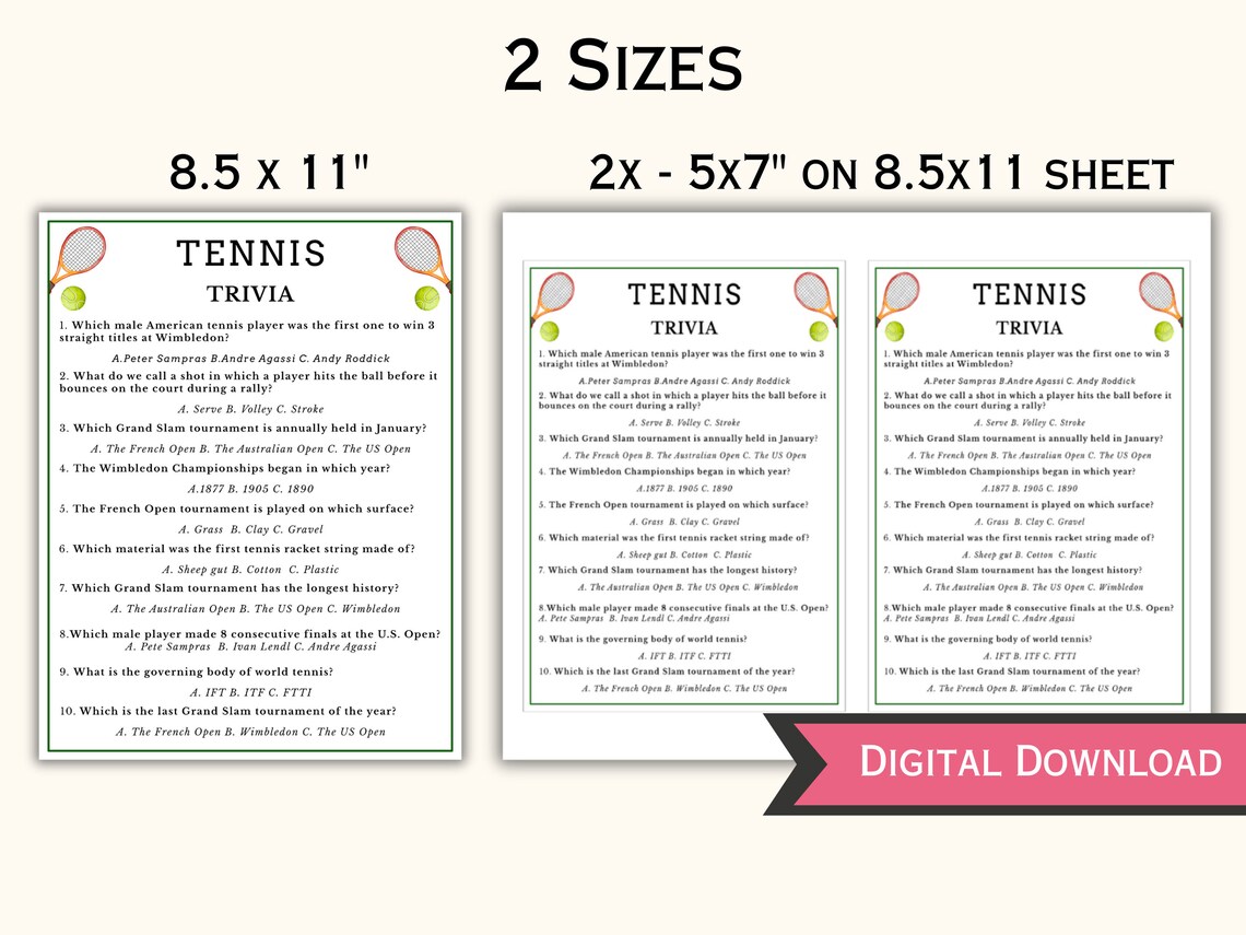 Tennis Trivia Game - Tennis-themed Party - Printable Tennis Party Game ...