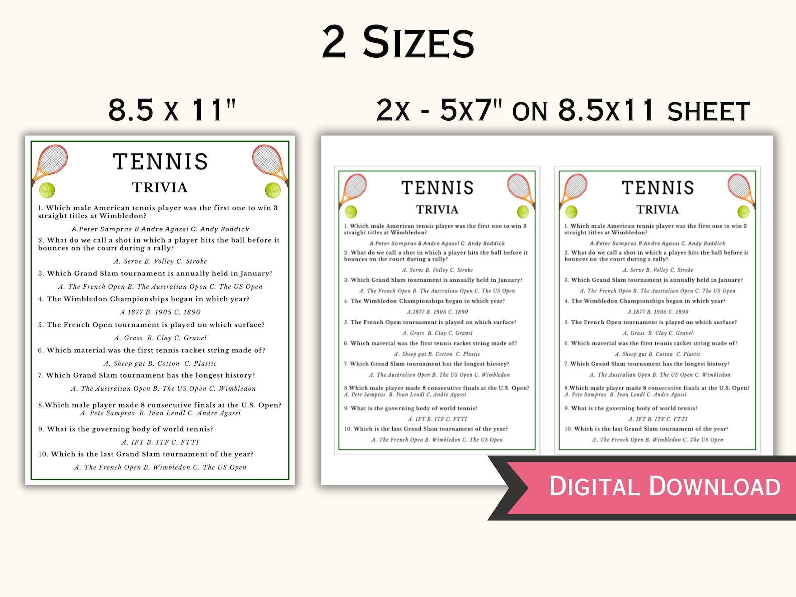 Tennis Trivia Game - Tennis-themed Party - Printable Tennis Party Game ...