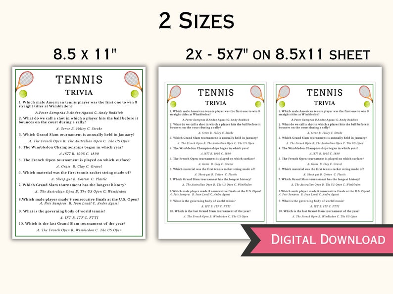 Tennis Trivia Game - Tennis-themed Party - Printable Tennis Party Game ...